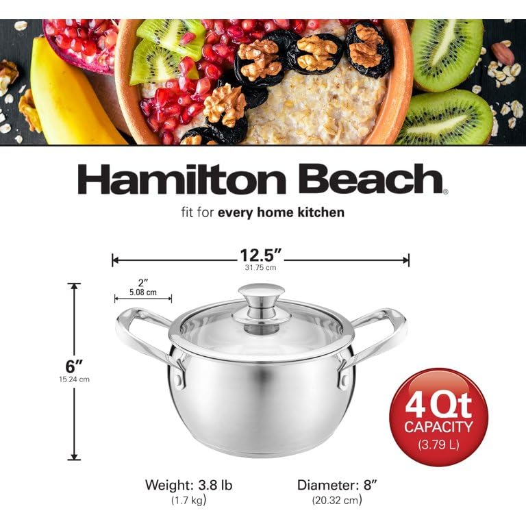 Hamilton Beach 4QT Stainless Steel Belly Design Dutch Oven Pot with Glass Lid and Stay-Cool Riveted Handles, Multipurpose Stewpot Skillet, Compatible with All Stove Tops, Oven & Dishwasher Safe