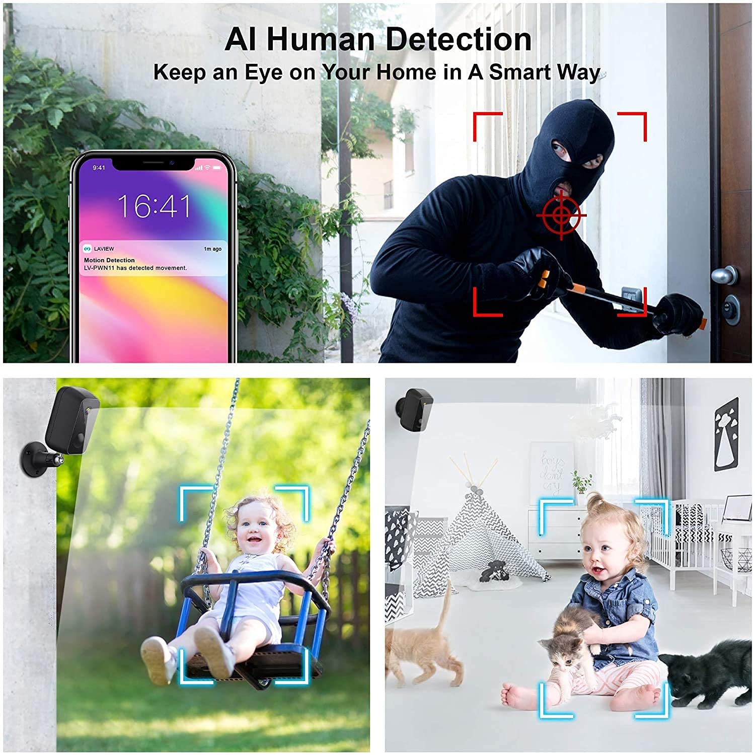 LaView 2K Indoor Security Camera Wired and 1080P Outdoor Camera Wireless with Clear Night Vision,24/7 Live Video,Motion Detection,2 Way Audio,US Cloud/SD Card Storage,Compatible with Alexa