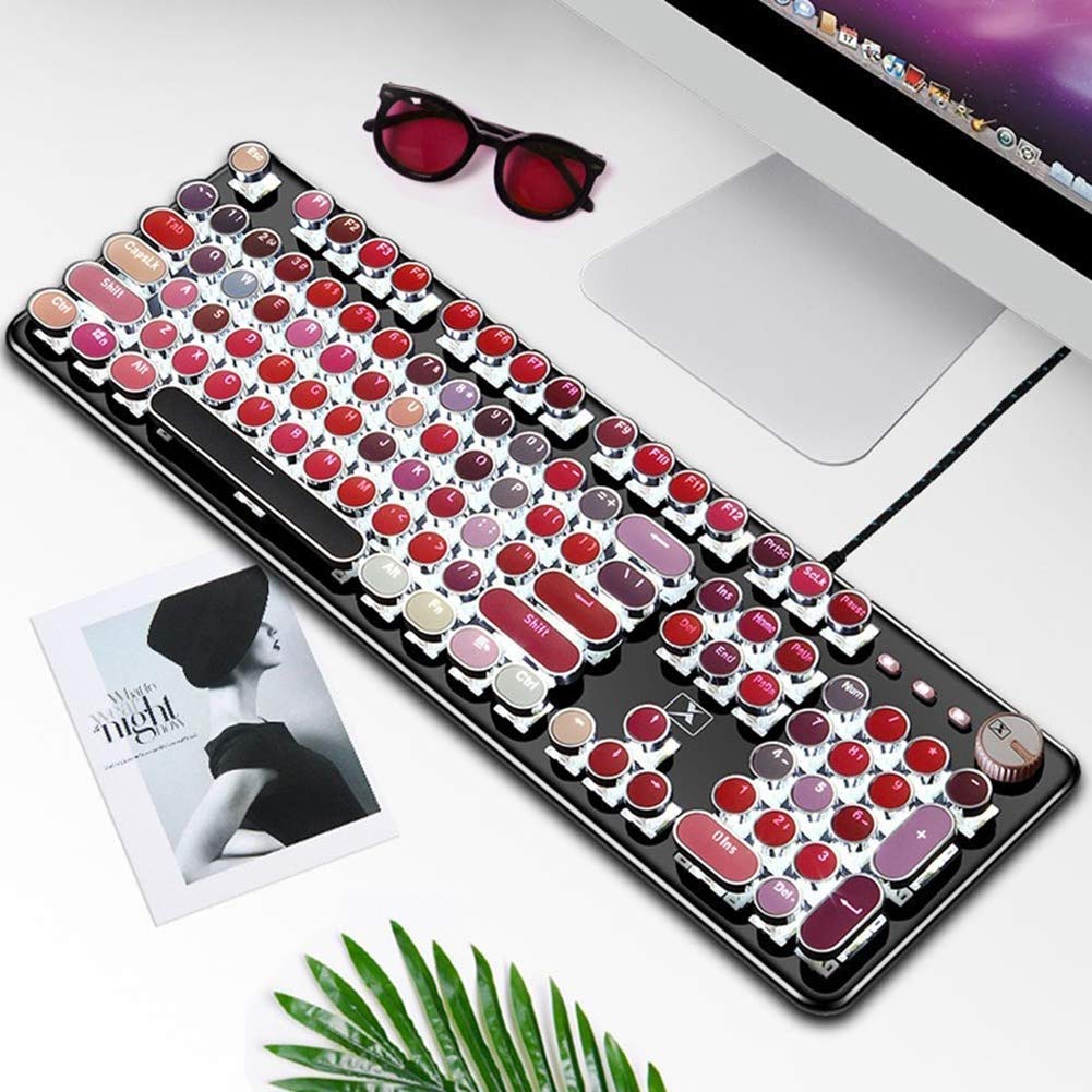 FELICON Lipstick Mechanical Gaming Keyboard, Typewriter Style Retro Keyboard with White LED Backlit,104-Key Anti-Ghosting Blue Switch Wired USB Metal Panel Round Keycaps for Desktop, Laptop