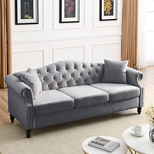 kevinplus 79" Velvet Chesterfield Sofa for Living Room, Modern Upholstered Tufted 3 Seater Sofa Tufted Couch with Rolled Arms and Nailhead for Living Room Bedroom Office Apartment, 2 Pillows, Grey