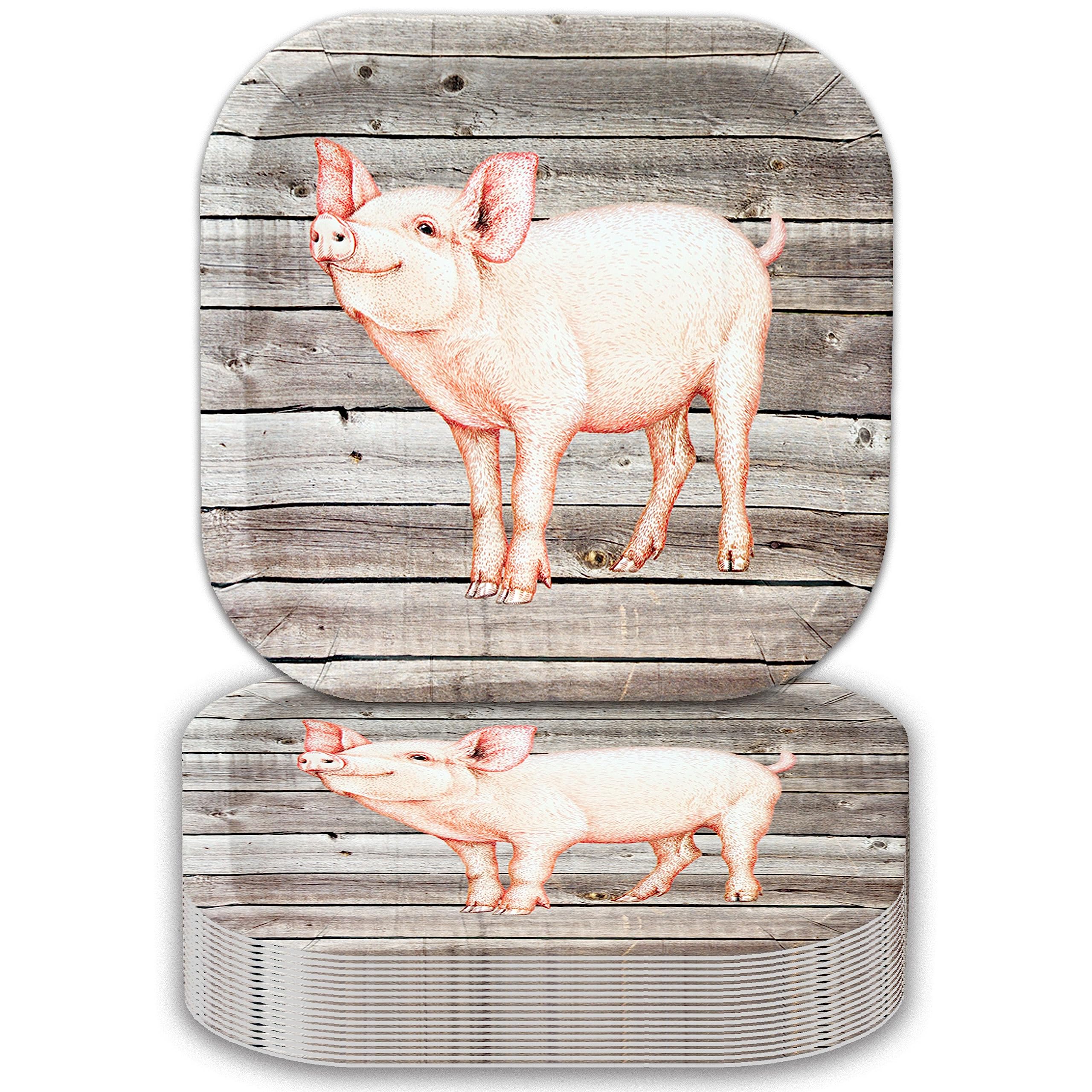 Havercamp Pig 9ā Plates on Barnwood (24 pcs.)! Authentic and Cute Pig on a Rustic Barnwood Background. 24 Lg. 9 in. Square Dinner Plates. Pair with the Farm Table Collection!