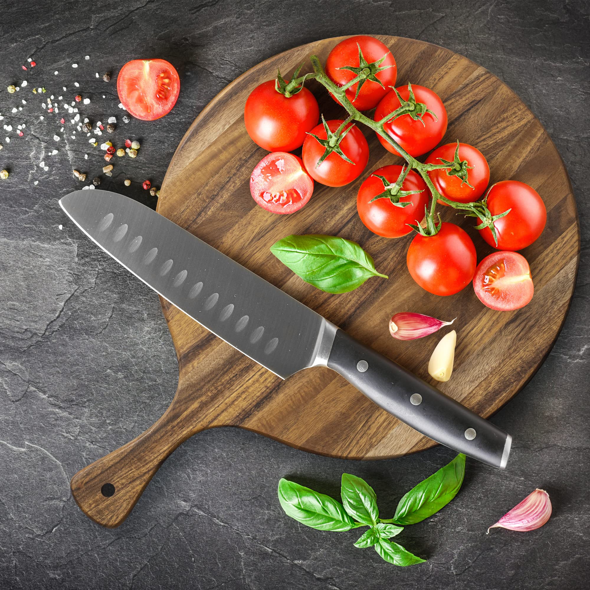 KITEISCAT Acacia Wood Round cutting board with handle 16” x 12”– Round Pizza Paddle & Cutting Serving Board for Home Baking, Cheese, Fruits, Vegetables, Bread, Charcuterie