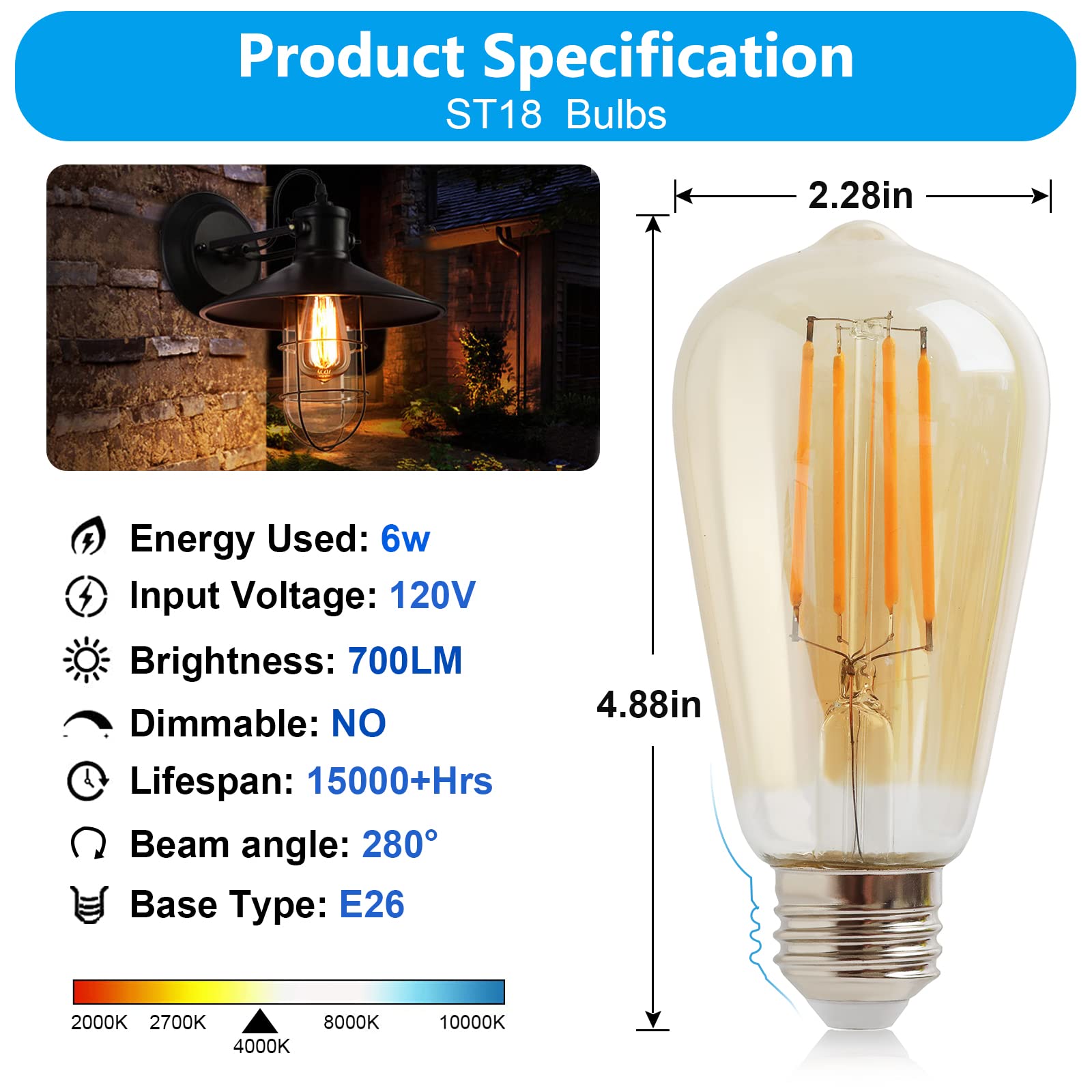 DZ Aimier LED Edison Bulbs, 6W, Equivalent 60W, High Brightness Amber Gold Light ST58 Antique LED Filament Bulbs, E26 Medium Base, Dimmable, Pack of 6