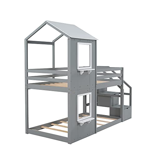 LOVMOR Twin Over Twin Bunk Bed with Storage Stairs,Wood Bed with Roof, Window, Guardrail, Ladder,Gray+White