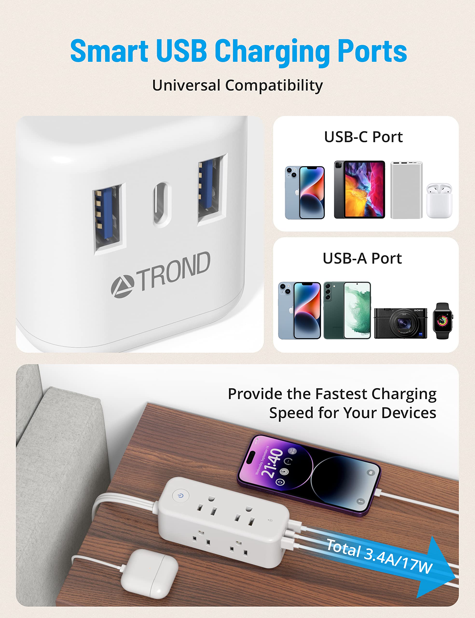 Flat Plug Power Strip - TROND 5ft Ultra Thin Extension Cord with 6 Widely Outlets and 3 USB Ports(1 USB C) + TROND Ultra Thin Flat Extension Cord 5ft with 3 USB Ports, 4 Widely-Spaced Outlets