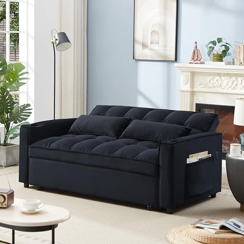 ERYE Size Futon Daybed Charging Pull Out Sleeper Couch Bed Reclining Backrest Convertible Sleep Sofabed for Home RV Apartment Office Living Room, Black Velvet Full w/2 Cupholders and USB Port