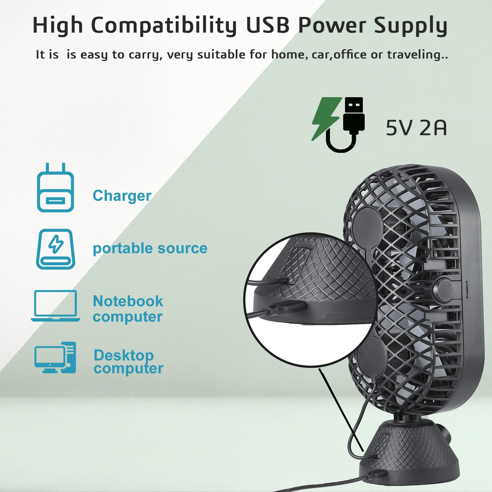 ETNVOW USB Desk Fan Oscillating Cooling, Portable Table/Desktop Fan with Dual Head,Dual Air Circulation,Stepless Speed Quiet USB Tower Fan for home bedroom Office