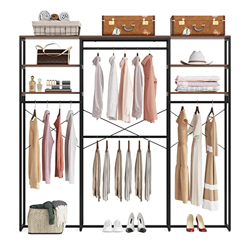 Tribesigns 71''L x 83''H Super Large Heavy Duty Clothes Rack, Freestanding Garment Rack with Shelves and Hanging Rods, Large Open Closet Organizer Wardrobe for Bedroom, Rustic Brown