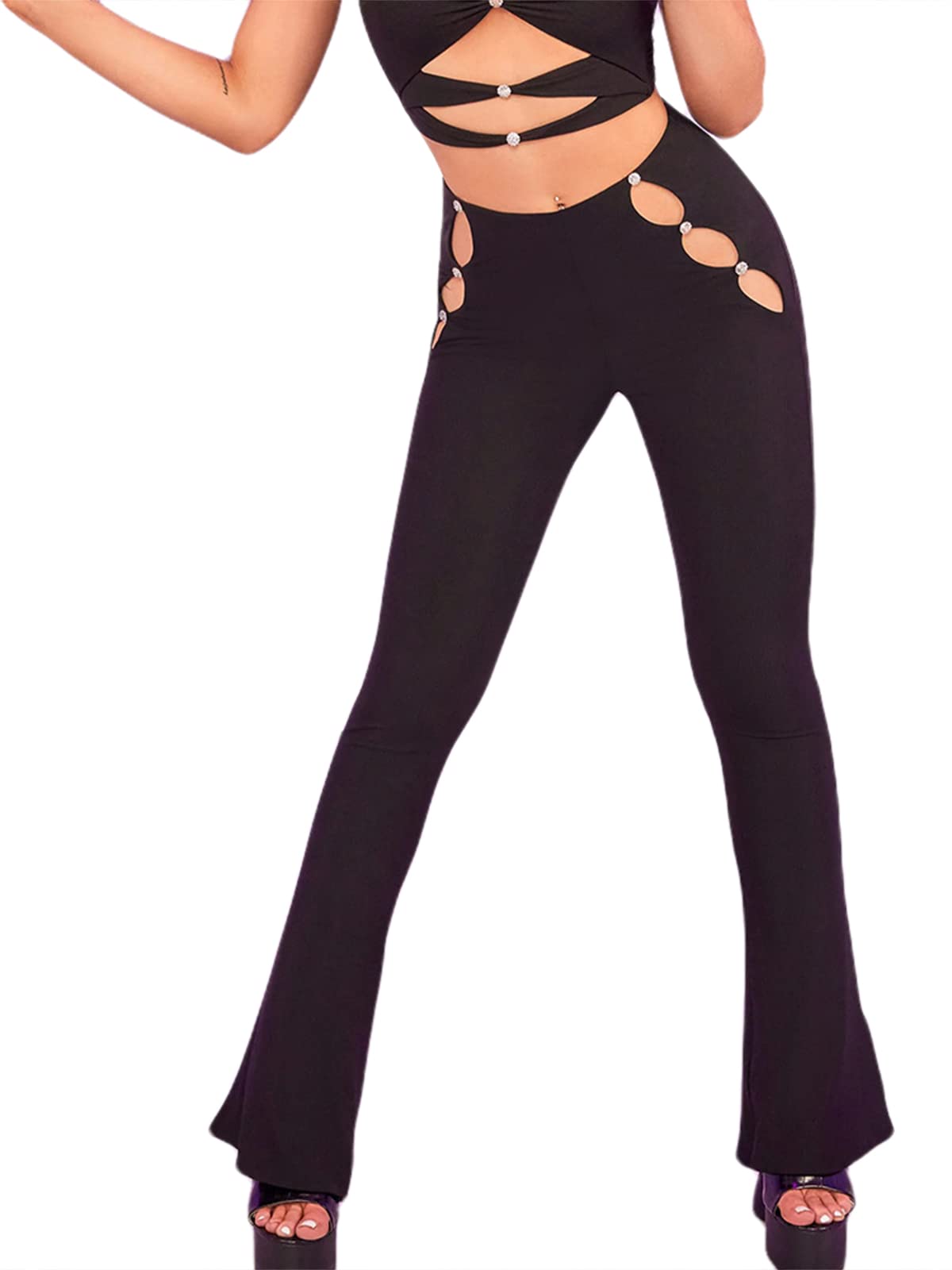 Hilinker Women's High Waisted Flare Long Pants Cut Out Bootcut Flare Yoga Pants Black X-Large