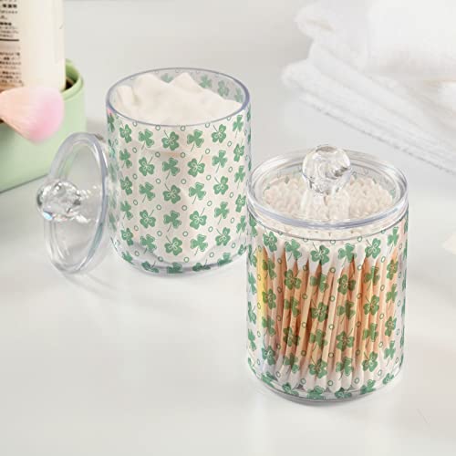 Kigai 2 Pack Apothecary Jars Saint Patrick's Day Clover Qtip Holder Organizer Clear Airtight Container for Cotton Swabs Food Storage 14oz Plastic Jars with Lids