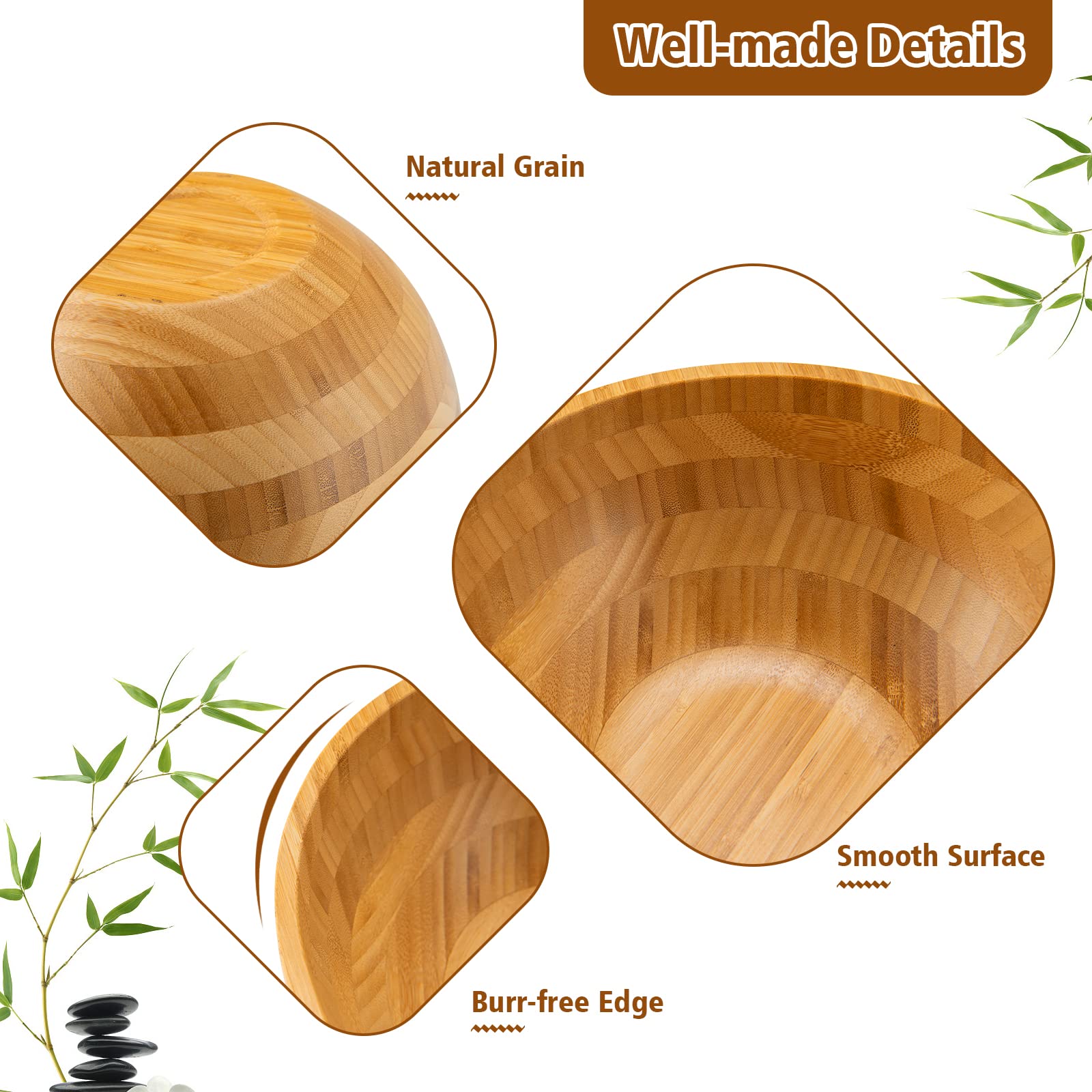 Giantex 8 PCS Bamboo Salad Bowl Set, 2 Serving Utensils, Large 11 Inch, 3 Sizes Mixing Bowls for Vegetable Fruit Soup Cereals Dipping Sauce Nuts, Stackable Dish Dinnerware Natural