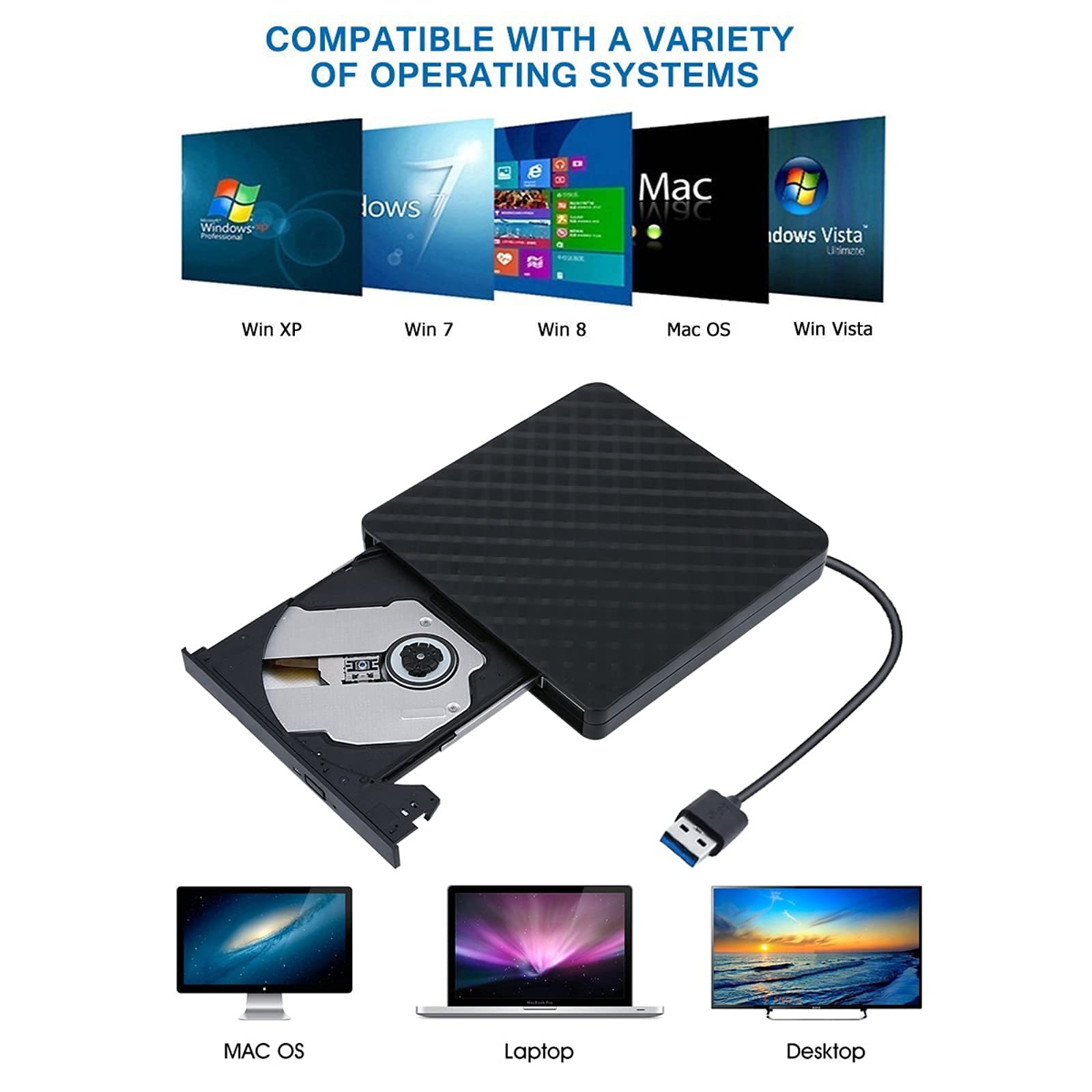 External CD Drive, USB 3.0 Portable CD/DVD +/-RW Drive DVD/CD ROM Rewriter Burner Compatible with Laptop Desktop PC Windows Linux Apple Mac