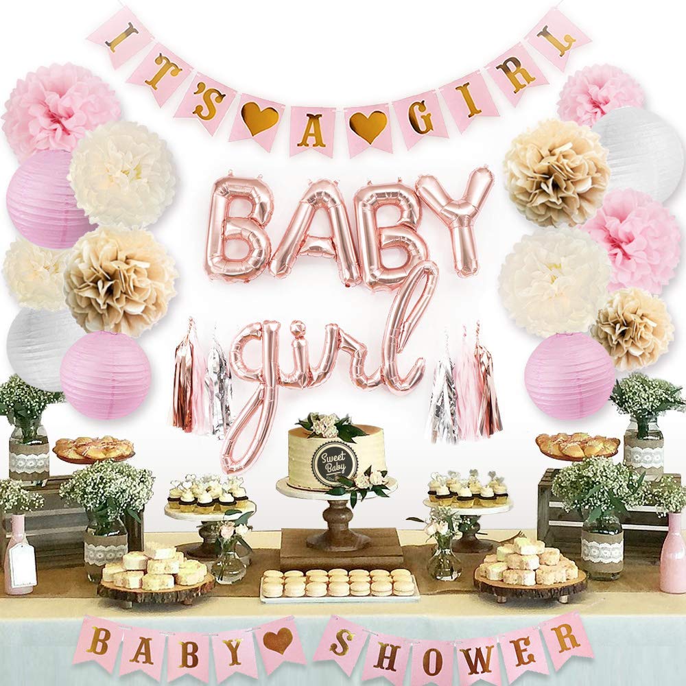 Sweet Baby Co. Pink Baby Shower Decorations for Girl with Its A Girl Banner, Baby Girl Letter Balloons, Flower Pom Poms, Paper Lanterns, Tassels (Rose Gold, Pink, Ivory, White Sprinkle Set)