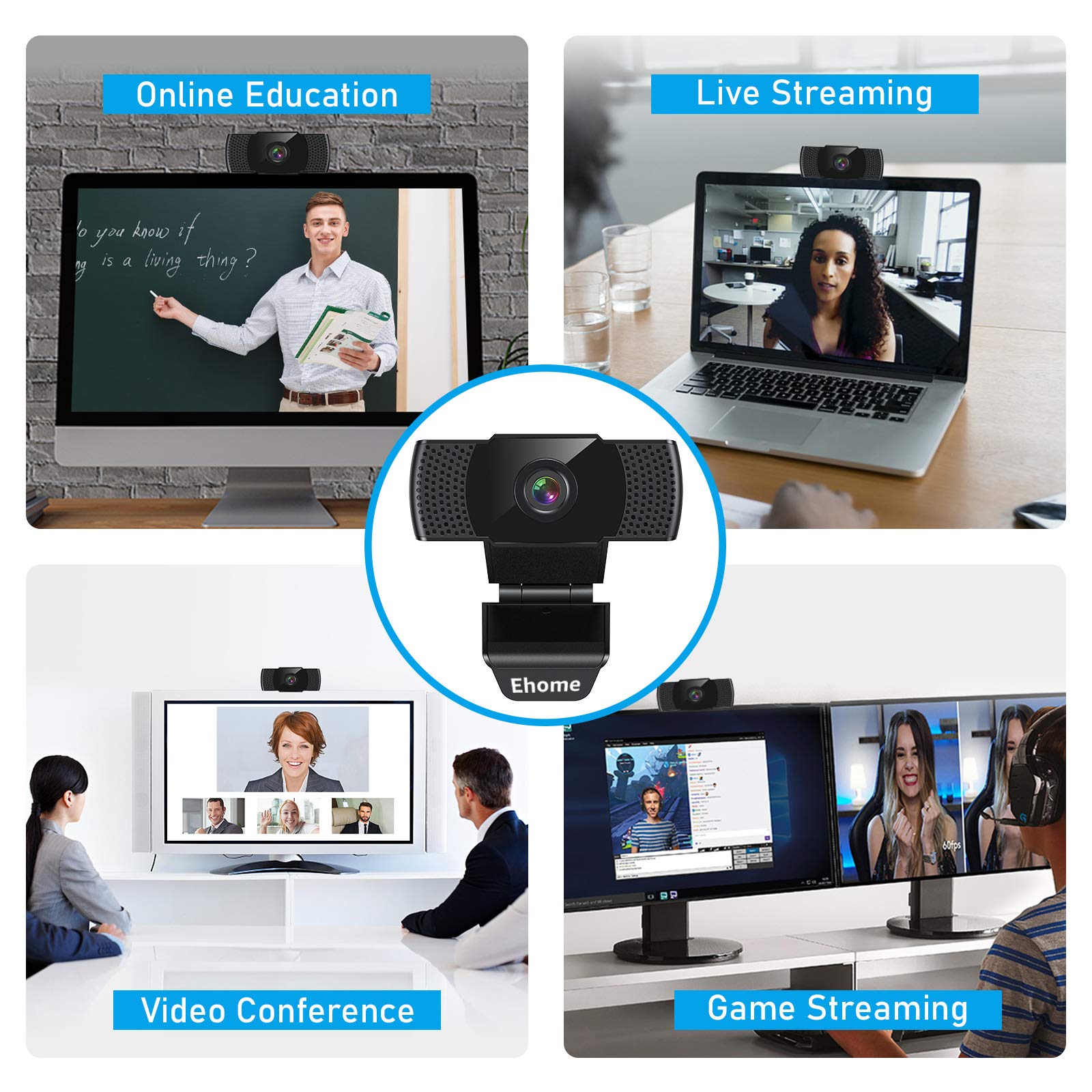 Ehome Webcam with Microphone, 1080P USB 2.0 Noise-Cancelling Web Camera Plug and Play Rotatable Laptop Web Cam for Desktop PC Video Calling Online Class Conferencing Streaming Recording Gaming