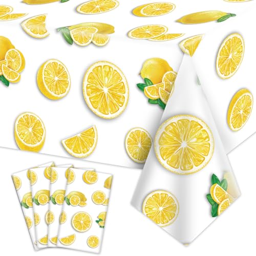 PTECDROTS 4Pcs Lemon Party Tablecloths, Yellow Tablecloth Plastic, Rectangular Lemonade Stand Supplies for Kids Birthday Baby Shower Summer Fruit Lemon Party Decorations, 86 x 51 Inch