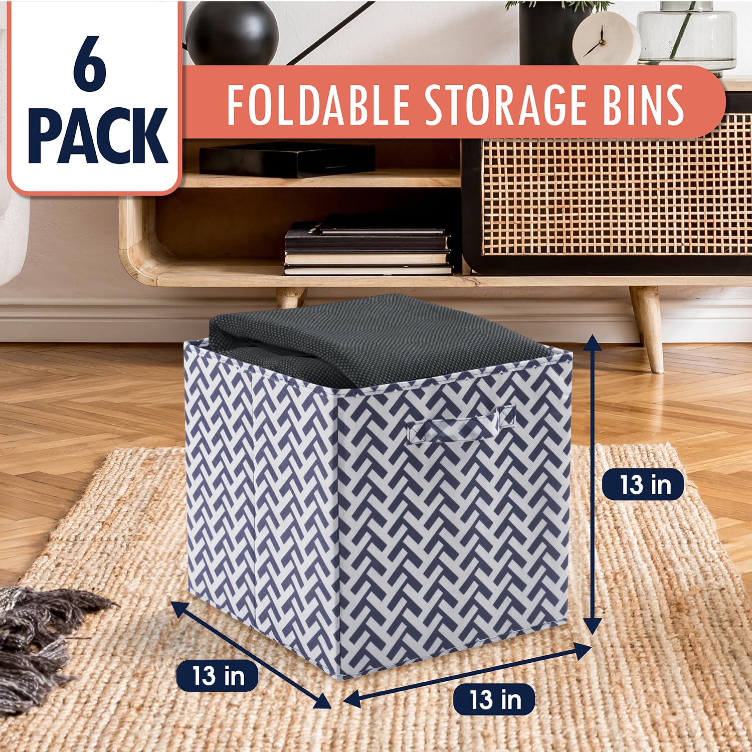 Ornavo Home 6 Pack 13 x 13 Inch Kallax Storage Cube Bin, Printed Pattern Collapsible Fabric Storage Shelf Bins Cube Organizer for Closet with Handles, Ash Gray