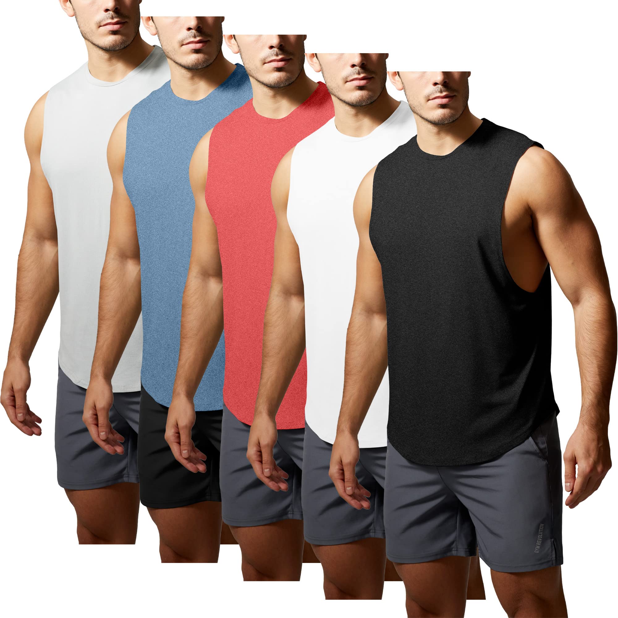 GYM REVOLUTION Men's 5 Pack Workout Tank Tops Muscle Gym Quick Dry Sleeveless Shirts Black White Red Blue Grey M