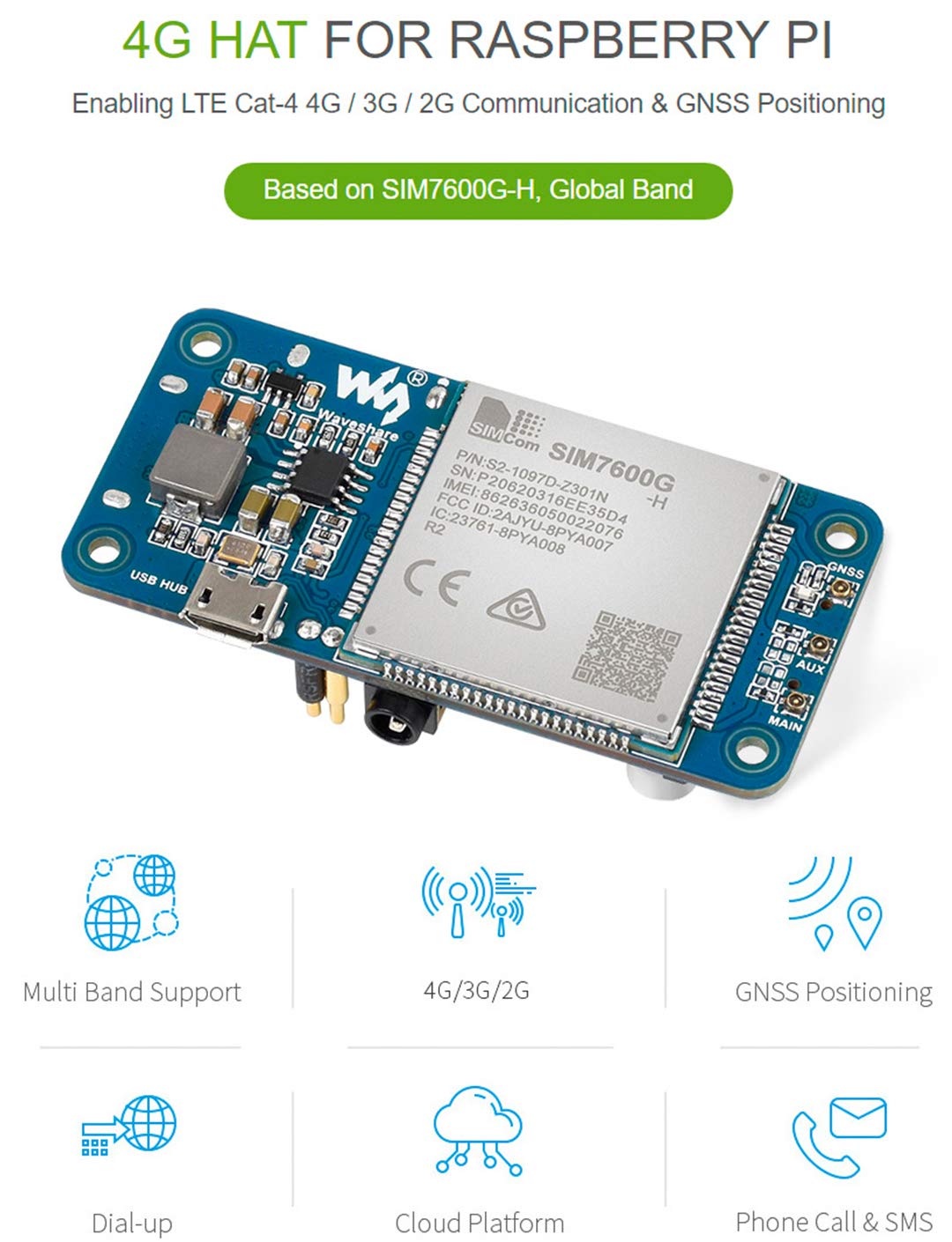 waveshare SIM7600G-H 4G HAT Board for Raspberry Pi4B/3B+/3B/2B/B+/A+/Zero/Zero WH and PC,Support LTE Cat-4 4G 3G 2G Communication and GNSS Positioning Global Band