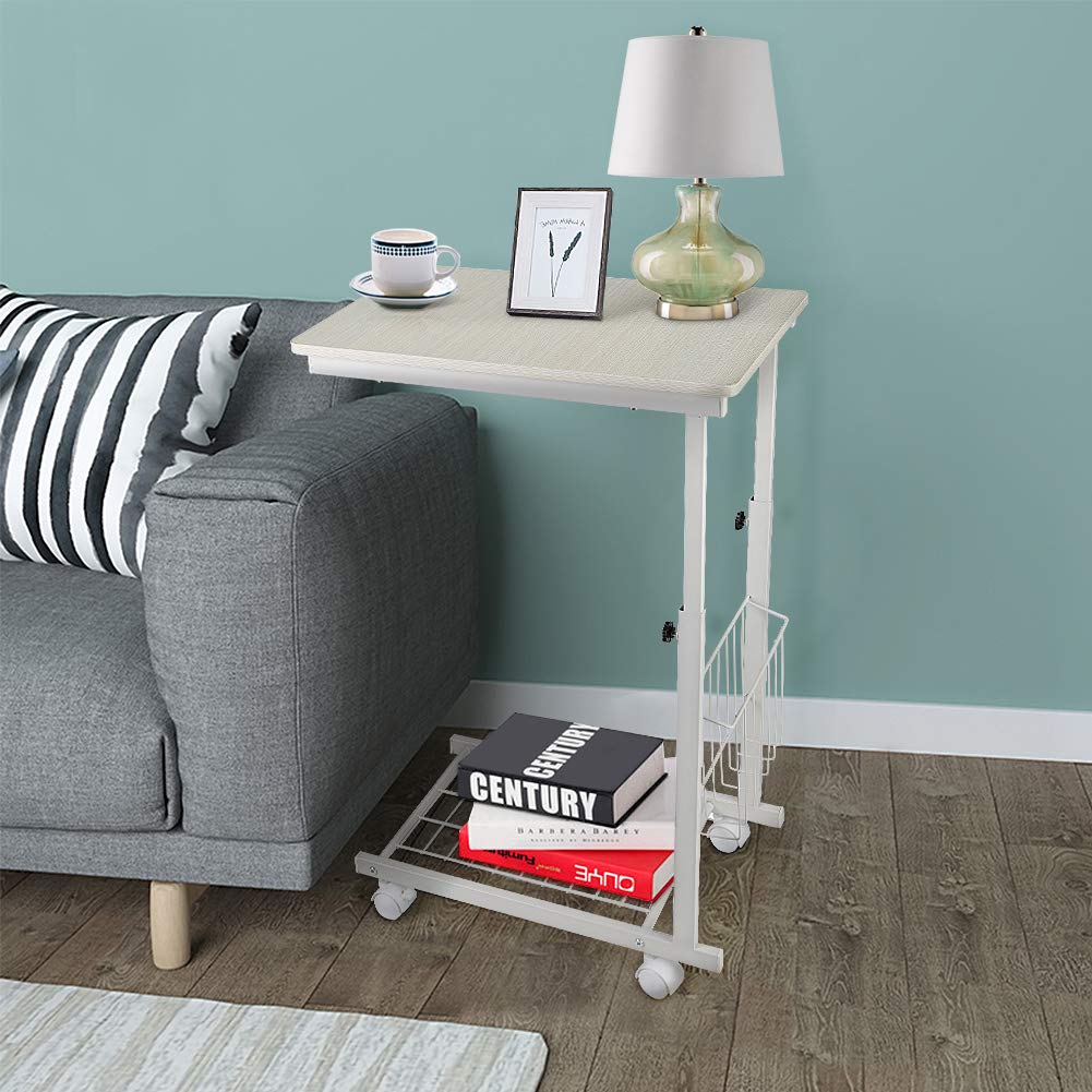 Ejoyous Height Sofa Side Table with Wheels, Movable Bedside End Table Computer Desk Laptop Stand Rolling Cart with Storage Basket for Home Couch Bedroom Office Workstation