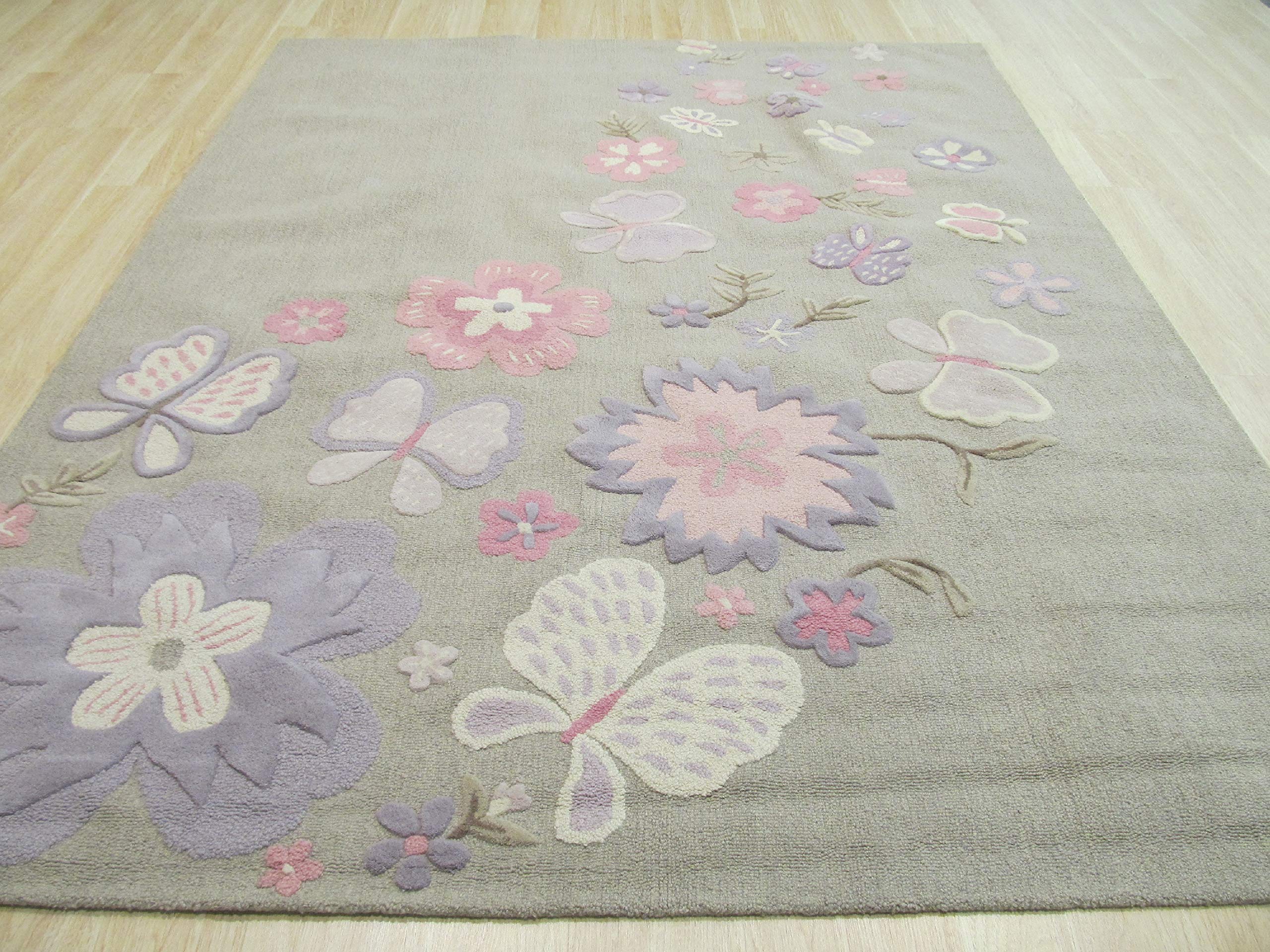 EORC T138GY5X8 Hand-Tufted Wool Kid's Butterfly Rug, 5' x 8', Gray