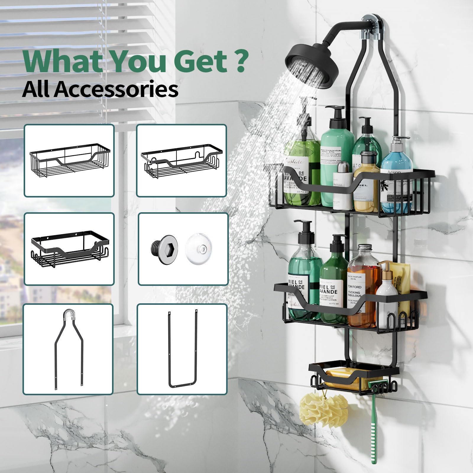 SILUB Shower Caddy Hanging, Anti-Swing Shower Caddy Over Shower Head with Toothbrush Holder, Hanging Bathroom Shelves with Hooks and Soap Holder, Rustproof Hanging Bathroom Organizer