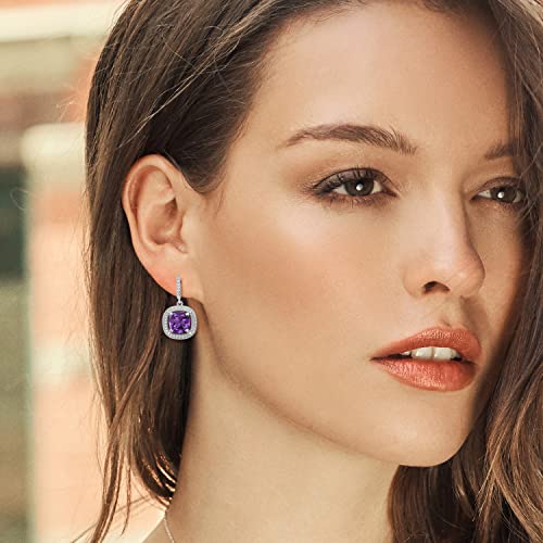 Gem Stone King 925 Sterling Silver Purple Amethyst and White Moissanite Dangle Earrings For Women (4.91 Cttw, Gemstone Birthstone, Cushion 8MM)