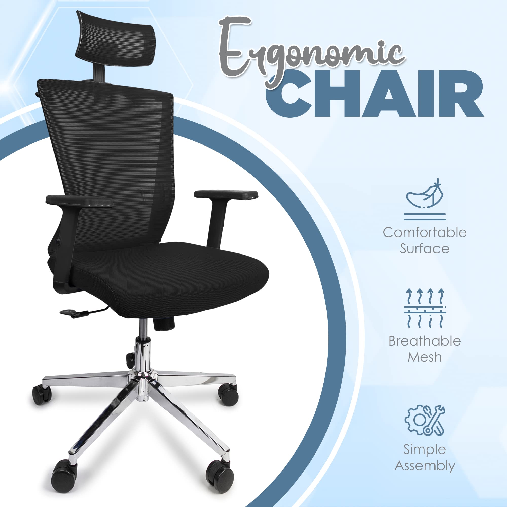 Ergonomic Office Chair - Seat with Adjustable Mesh Headrest & High Back Support - Relieves Back Pressure & Provides Lumbar Support - Height Adjustable Reclining & Rolling Office Chair