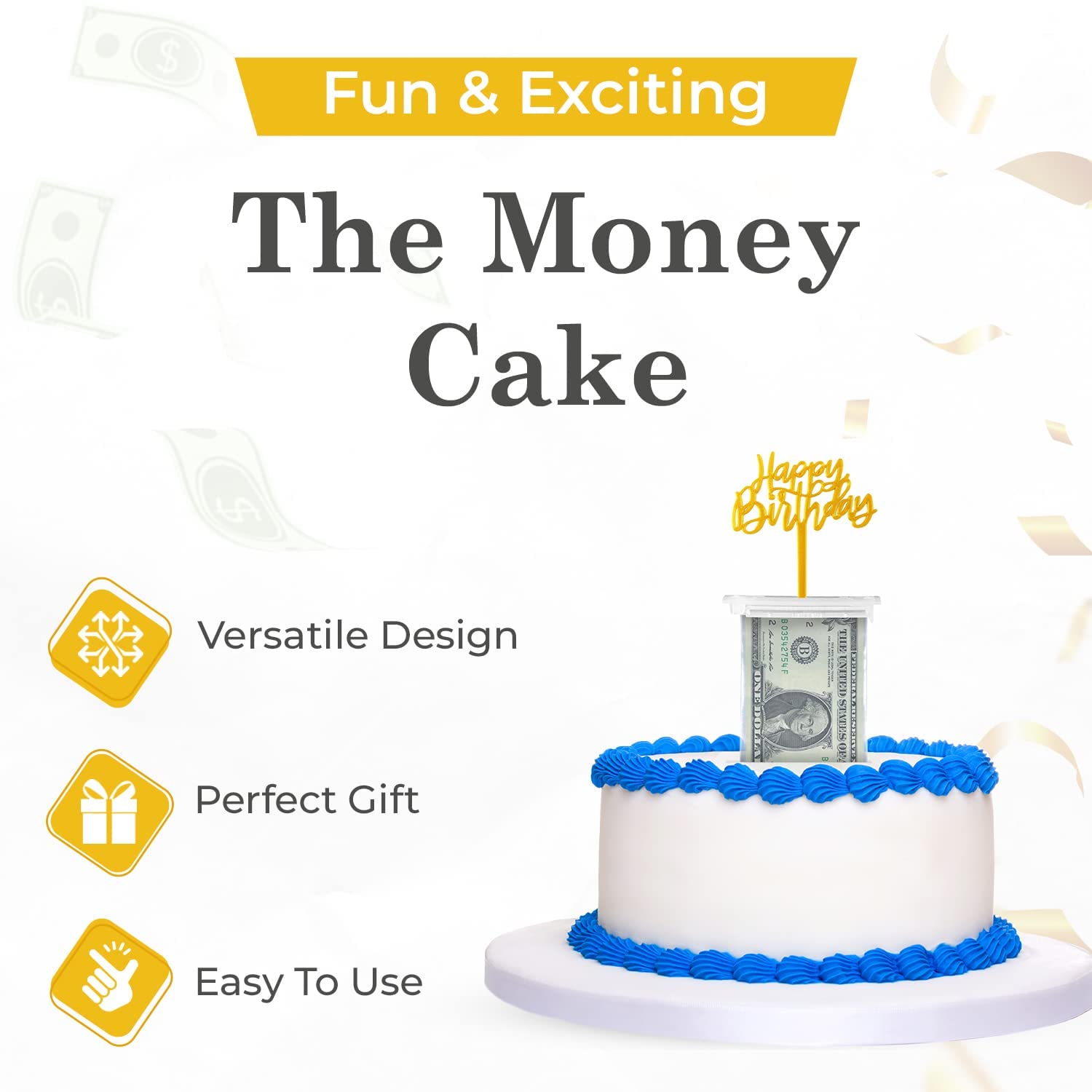 The Money Cake - Money Cake Pull Out Kit Includes 1 Money Box 2 Plastic Roll 40 Transparent Bag Connected Pocket Each, and 2 Surprise Cake Toppers for Birthday and Graduation Parties