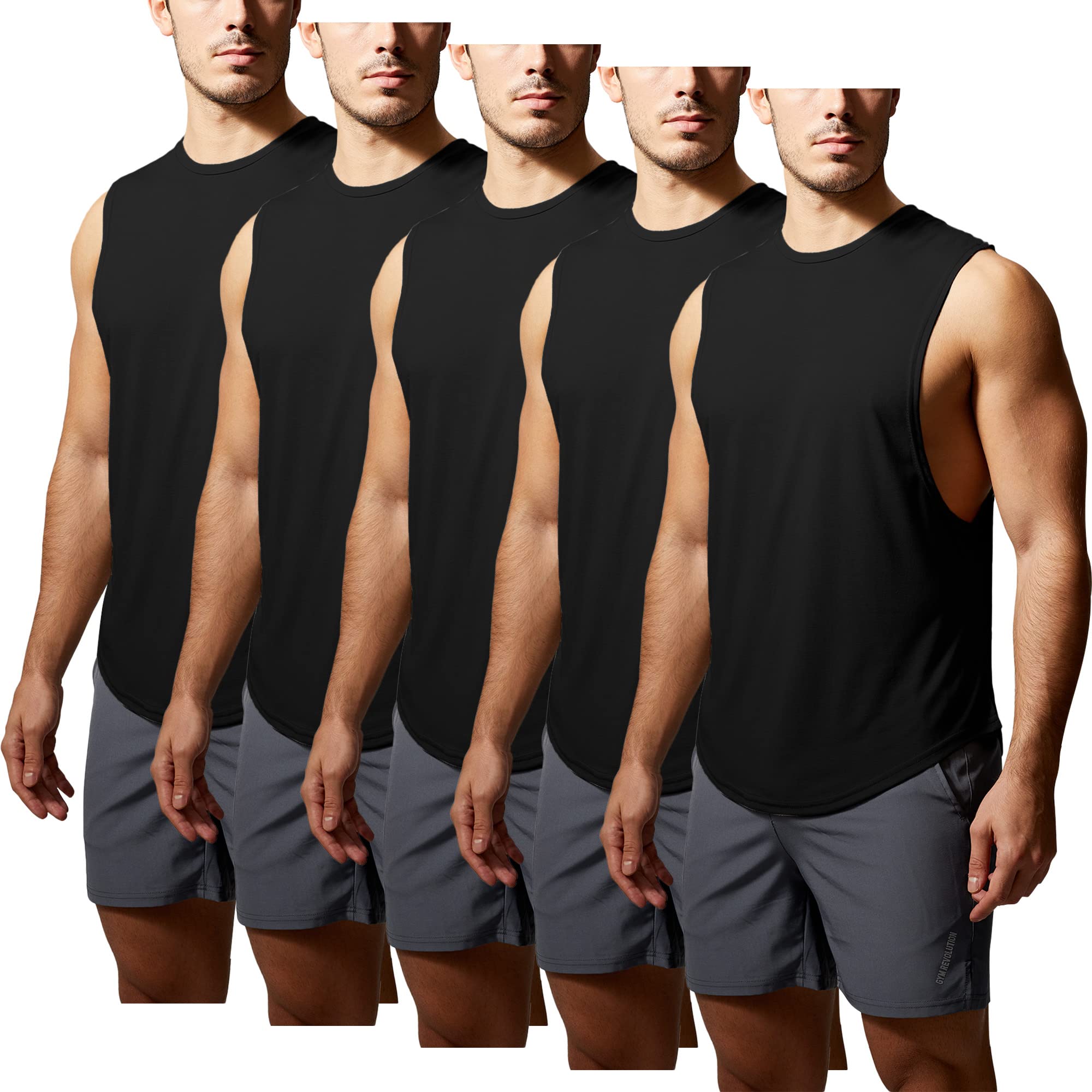 GYM REVOLUTION Men's 5 Pack Workout Sleeveless Shirts Muscle Gym Tank Tops Black XXL