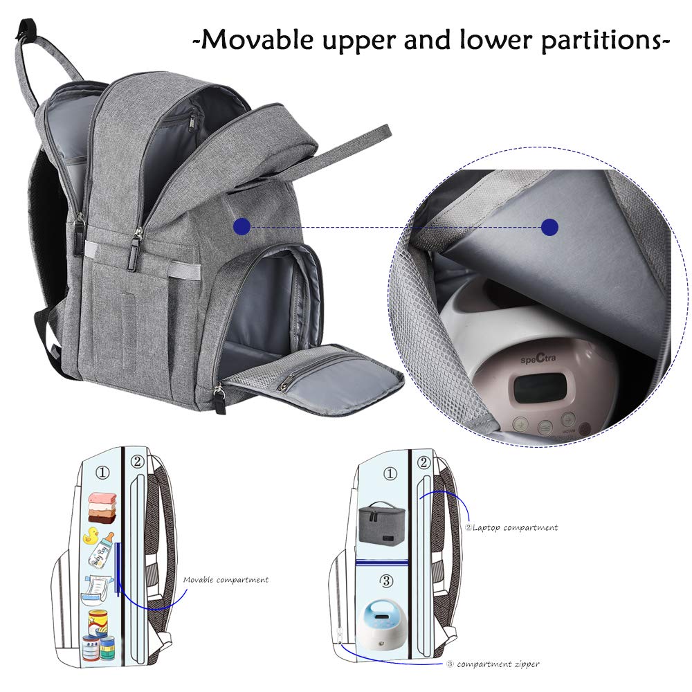 Diaper Bag Breast Pump Backpack - Multi-Function Cooler and Moistureproof Bag Double Layer for Mother Baby Bottle Breast Milk Pump Outdoor Working Backpack with Insulation Bag (Grey) (Medium)