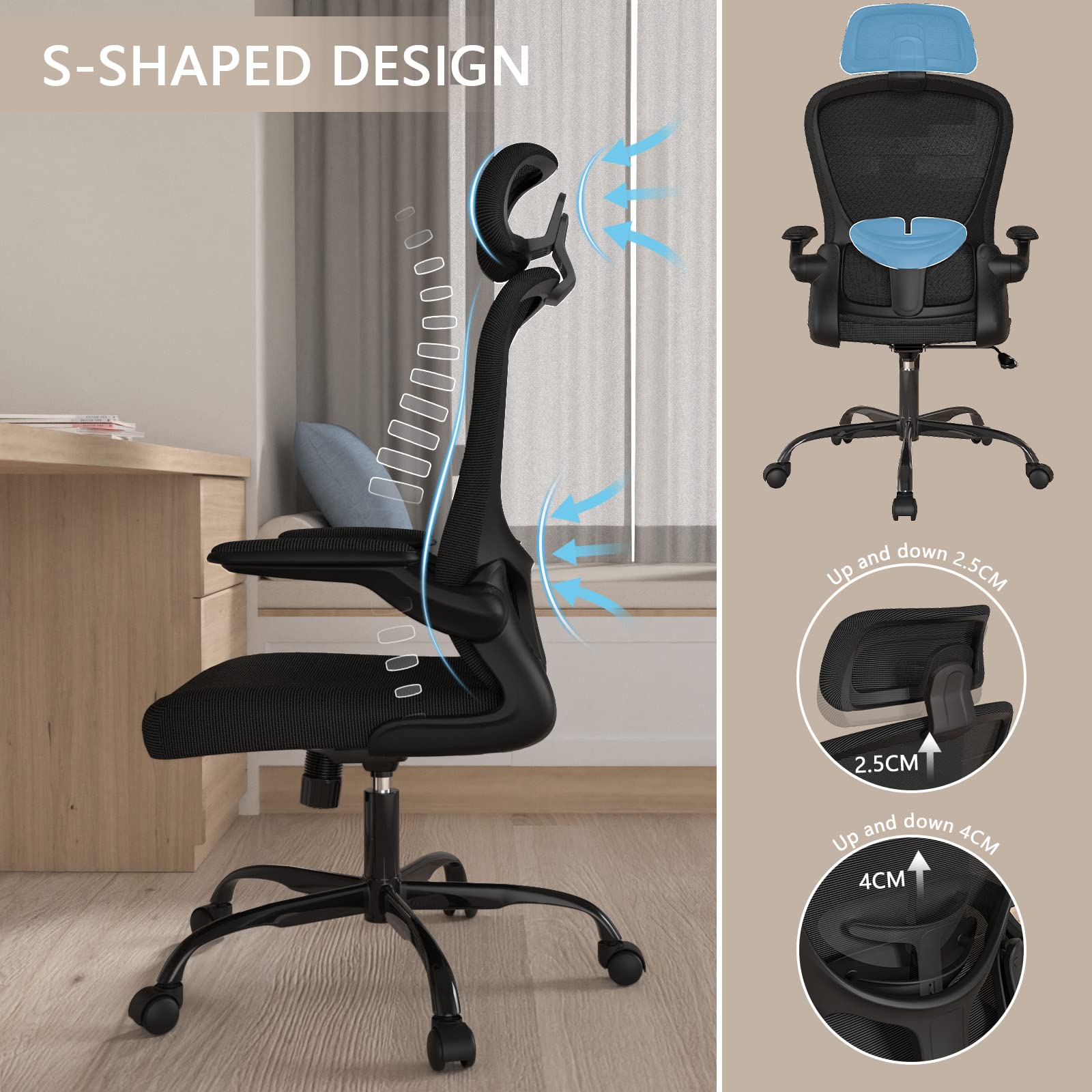 Ergonomic Office Chair, Comfortable Swivel Computer Chair, Breathable Mesh Desk Chair, High Back Home Office Chair with Flip-up Arms and Lumbar Support