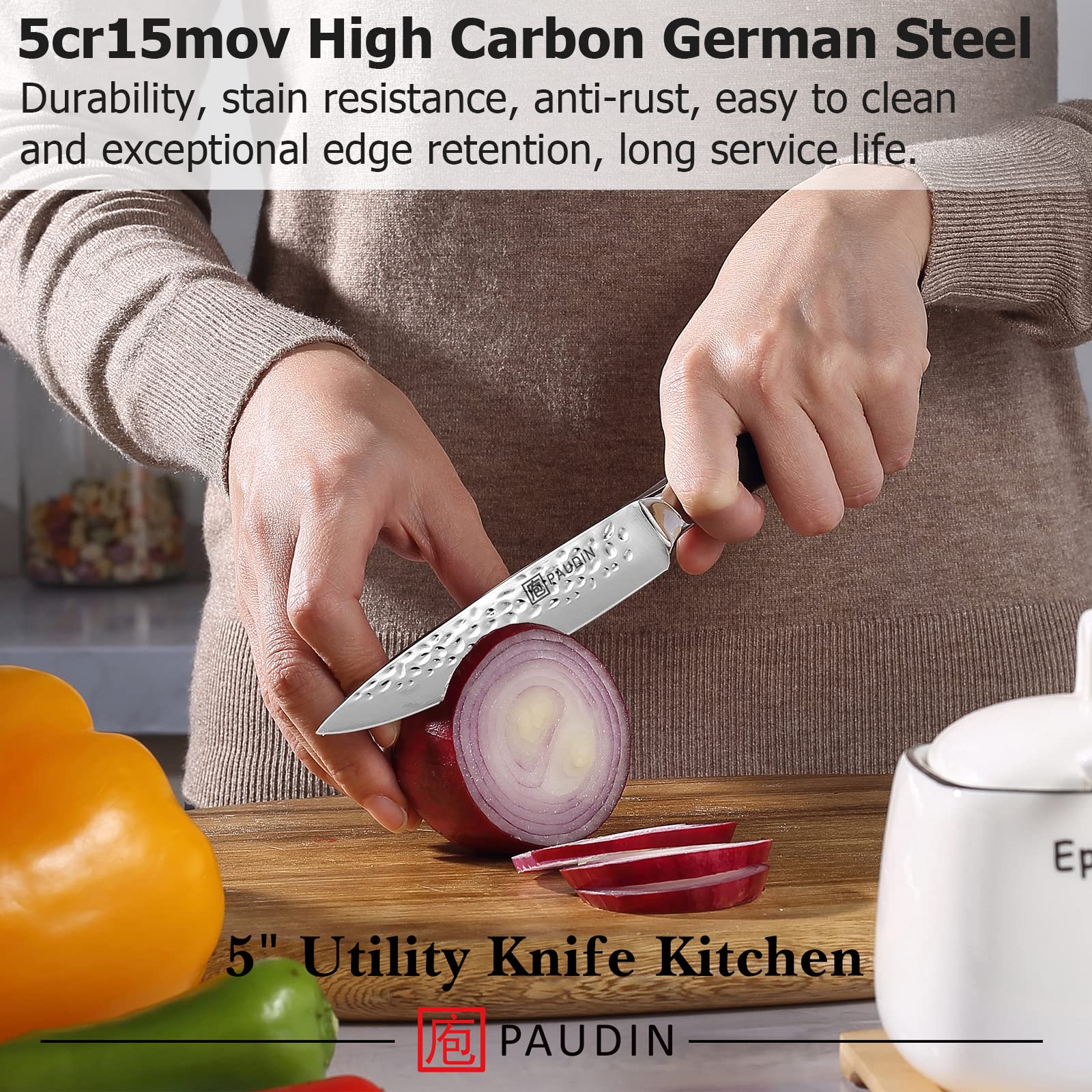 PAUDIN Utility Knife Kitchen, Sharp Chef Knife 5 Inch Small, Paring Knife, High Carbon Stainless Steel Kitchen Utility Knife with ABS Handle, Small Kitchen Knife for Home and Restaurant
