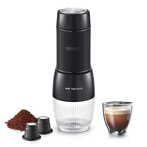ZZUOM Protable Espresso Machine, Compatible with Ground Coffee & Nespresso Capsules, 18 Bar Pressure for Rich Crema, Manual Espresso Maker, Perfect for Travel, Camping, Hiking (Black)