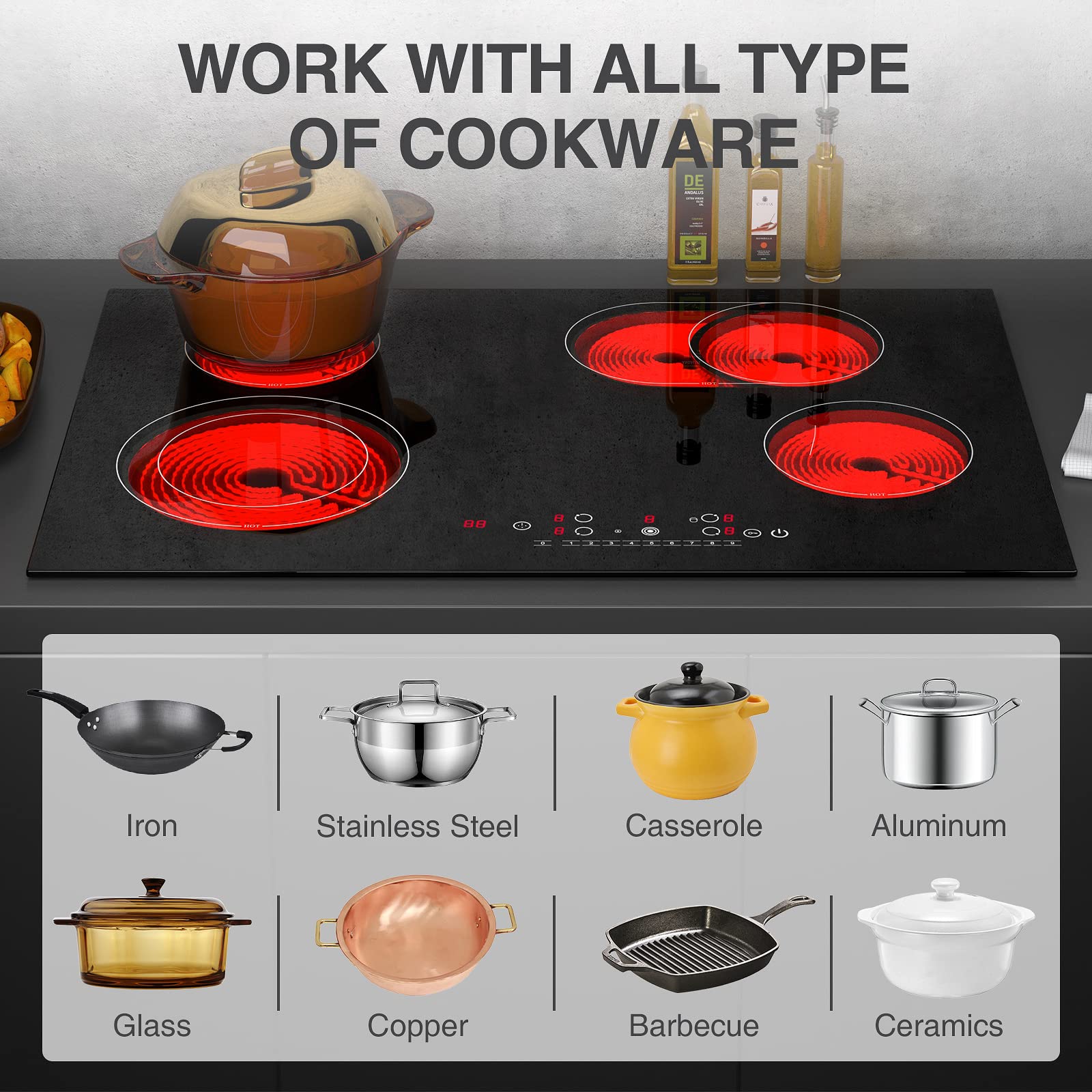 Electric Cooktop 30 Inch, Built-in Radiant Electric Stove 4 Burners, 6800W Ceramic Cooktop, 9 Heating Level Overheat Protection with Touch Screen, Timer & Safety Lock