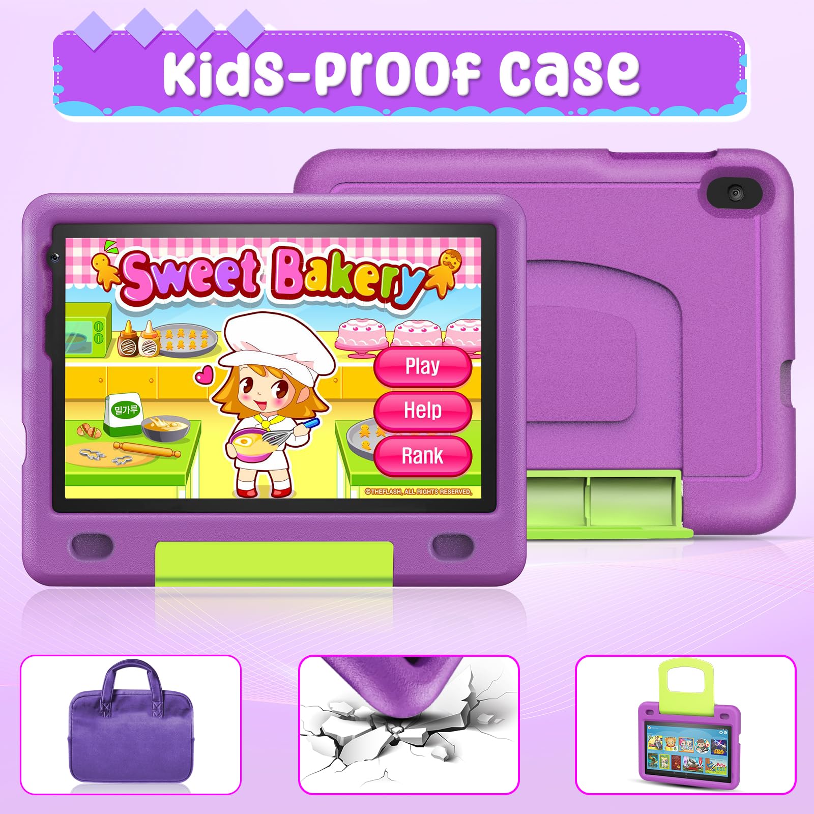 DUODUOGO 8 inch Kids Tablet Android 12 Tablet 8GB+128GB, Tablet for Kids with Parent Control & APP Preinstalled, Dual Camera, 5G/2.4G WiFi, Bluetooth, GPS, FM, Shock-Proof Case, Carry Bag (Purple)