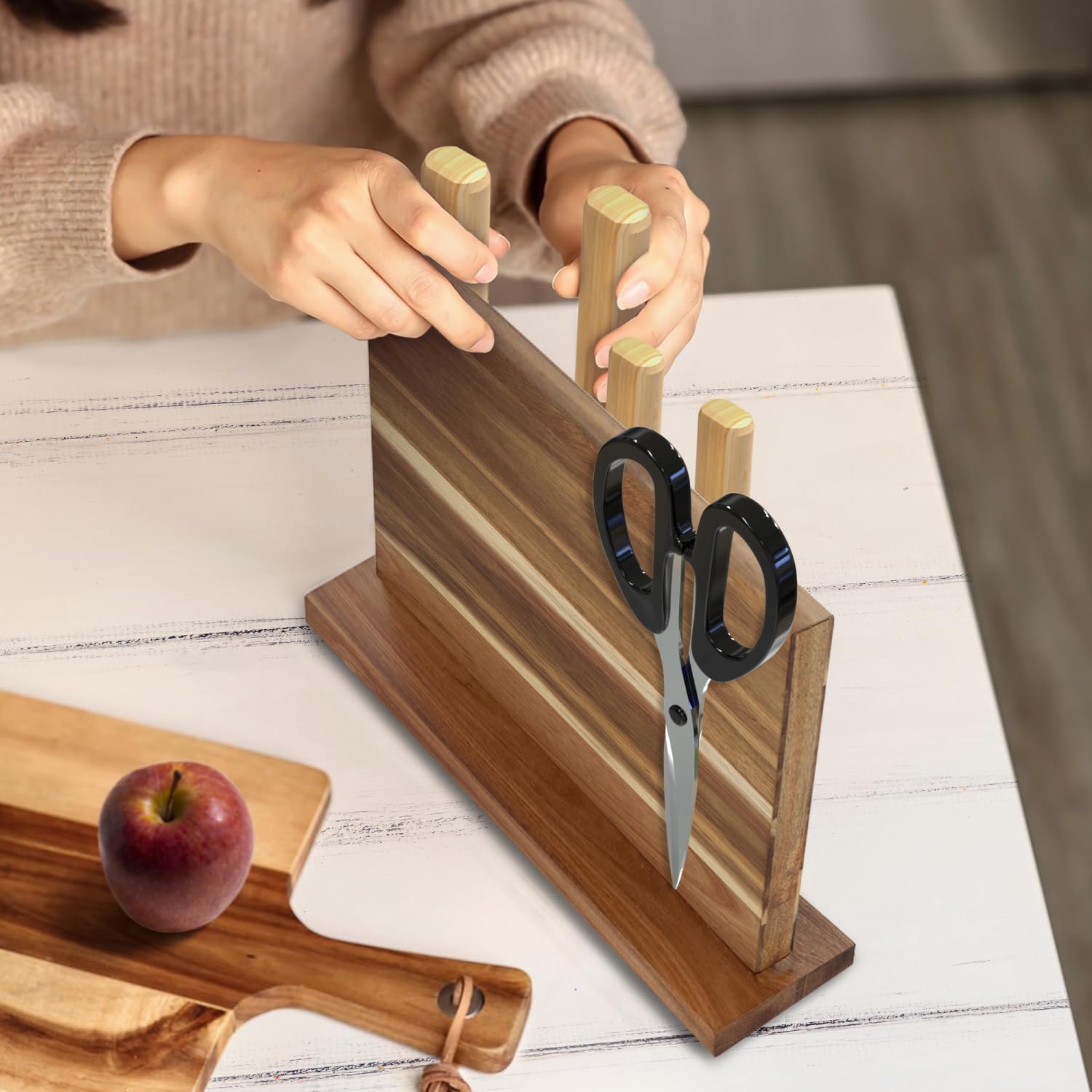 Magnetic Knife Holder, Acacia Wood, Magnetic Knife Block 11.2 x 10.4 Inches, Double Sided Rack Magnetic Universal Stand with Strong Enhanced Magnet Strips, Kitchen Storage Cutlery Organizer