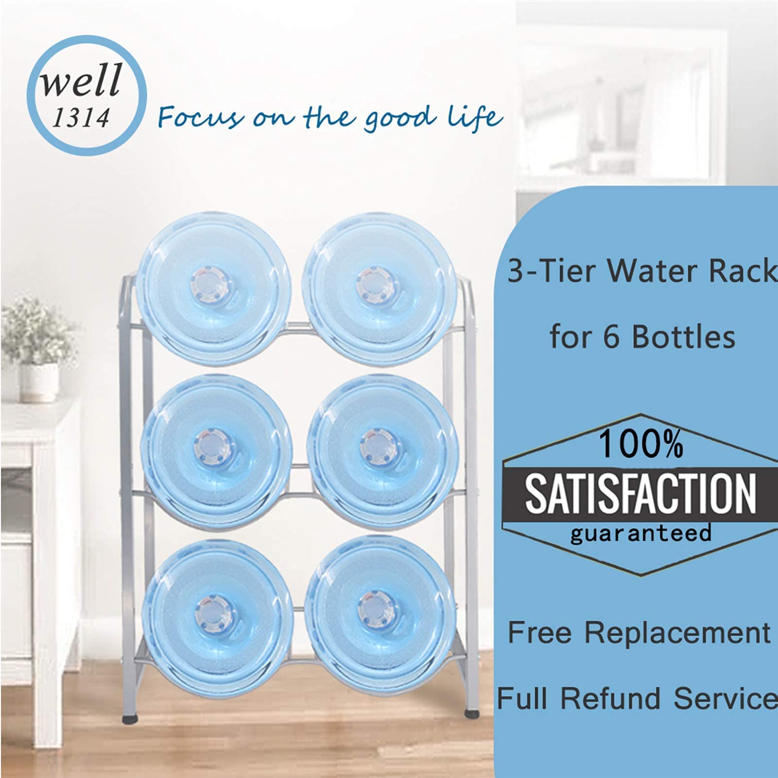 Iococee 5 Gallon Water Bottle Holder, Water jug Holder Rack 3-Tier, Water Cooler Jug Rack for 6 Bottles, 5 Gallon Water Bottle Storage Rack Heavy Duty, with Floor Protection for Home, Office