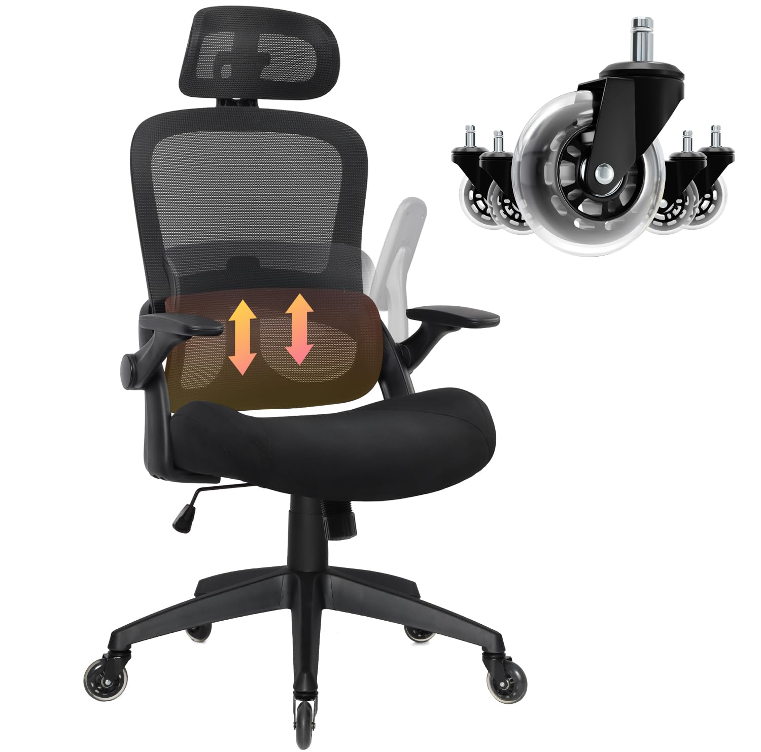 FAMSINGO Ergonomic Mesh Office Chair, High Back Comfortable Desk Chair with Adjustable Lumbar Support, Headrest and Flip-up arms, Wide Memory Foam Seat, Executive Swivel Chair(Black)