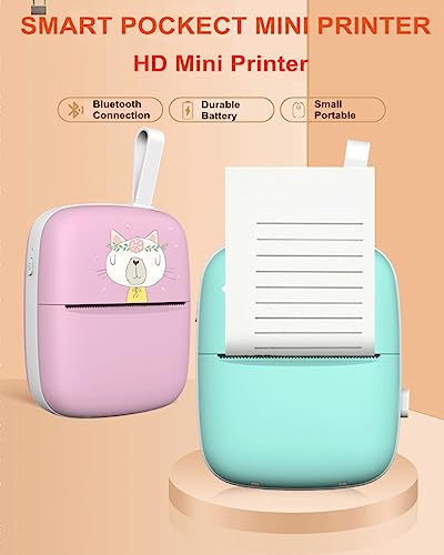 Mini Printer Portable, Pocket Thermal Printer with 5 Rolls Paper Compatible with iOS Android, Bluetooth Wireless Smart Printer for Learning Assistance, Study Notes, Work, Fun, Label List Note