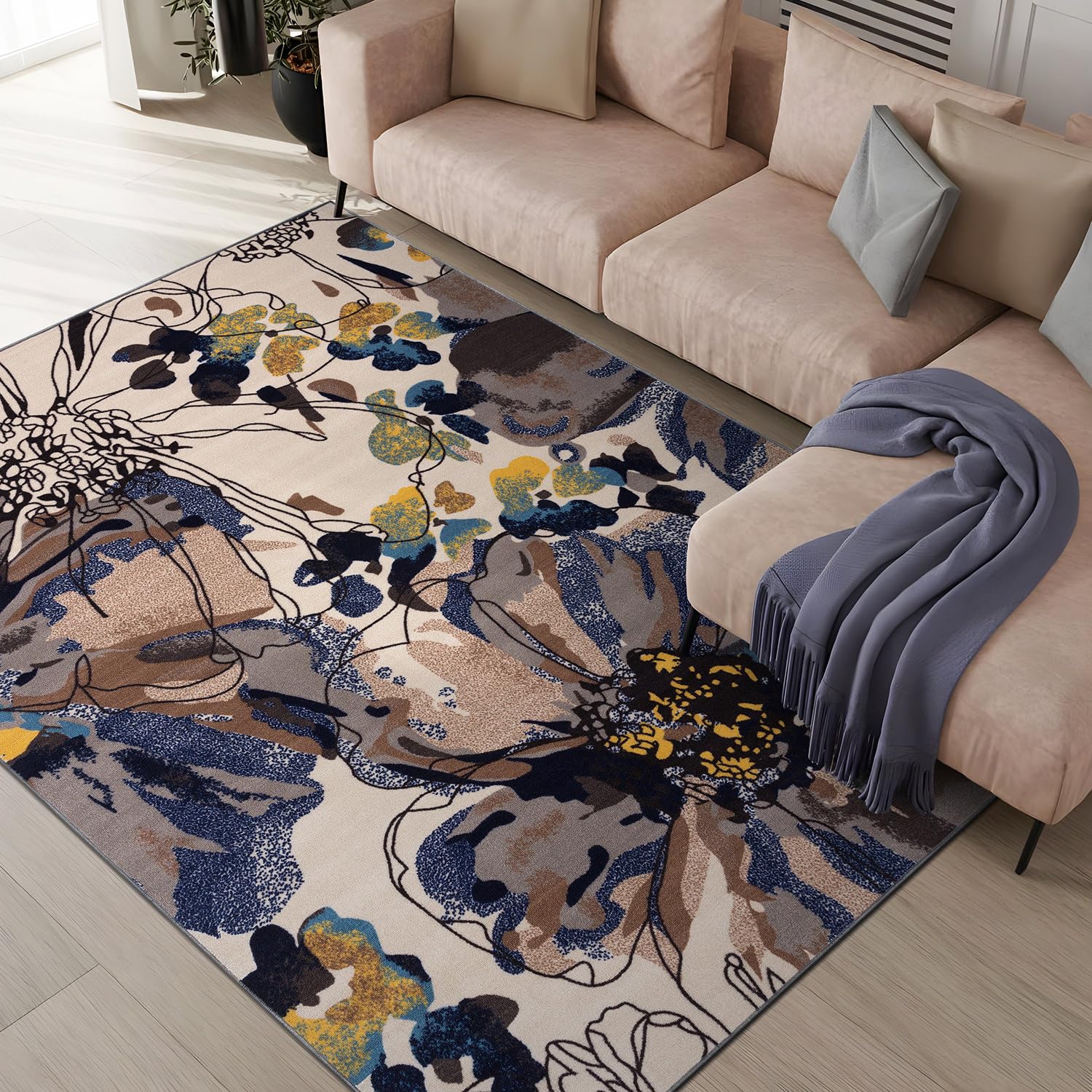 Rugshop Modern Bright Flowers Non-Slip (Non-Skid) Area Rug 8 x 10 (7' 10" x 10') Cream