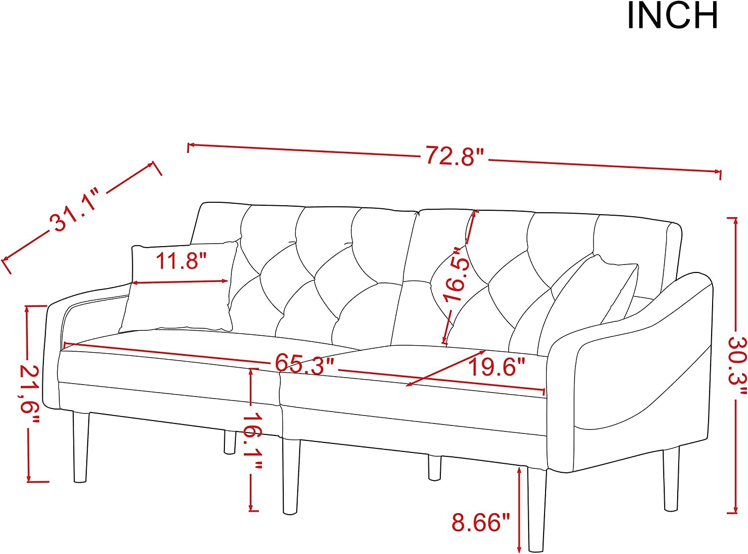 DNYN Convertible Sleeper Futon Sofa with 2 Pillows, Velvet Tufted Couch w/Metal Legs and Adjustable Backrest, for Apartment Office Small Space Living Room Furniture, Pink