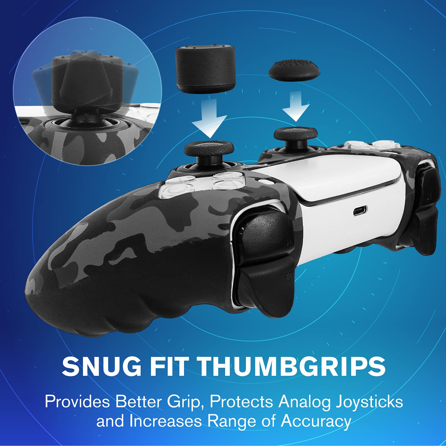 Fosmon Non-Slip Skin Protective Case Cover Compatible with Playstation PS5 DualSense Controller (2 Pack - Black), Sweat Proof Silicone Rubber Gel Skin with 8 Thumb Grips Analog Cap