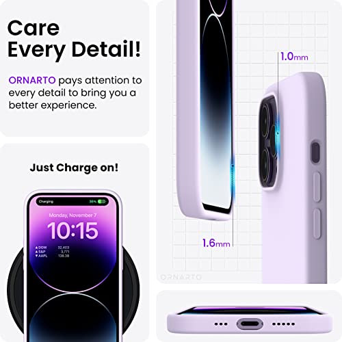 ORNARTO Compatible with iPhone 14 Pro Case 6.1, Slim Liquid Silicone 3 Layers Full Covered Soft Gel Rubber Phone Case Protective Cover with Microfiber Lining 6.1 inch-Pastel Lilac
