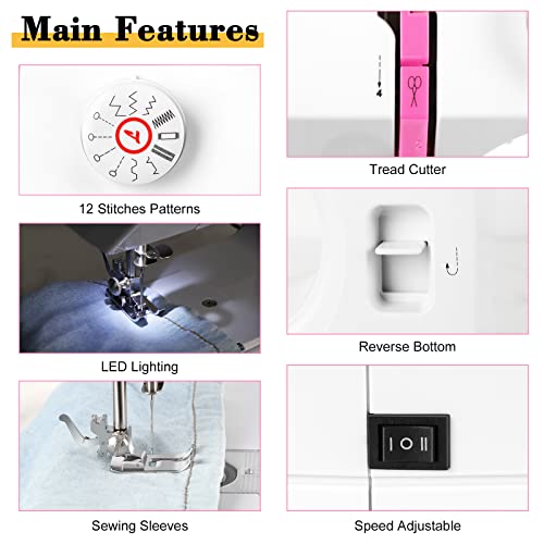 Sewing Machine for Beginners Mini Portable Sewing Machine with 12 Built-In Stitches Heavy Duty Handheld Electric Sewing Machine for Kids, Adjustable Speed & Great for Beginners, Pink