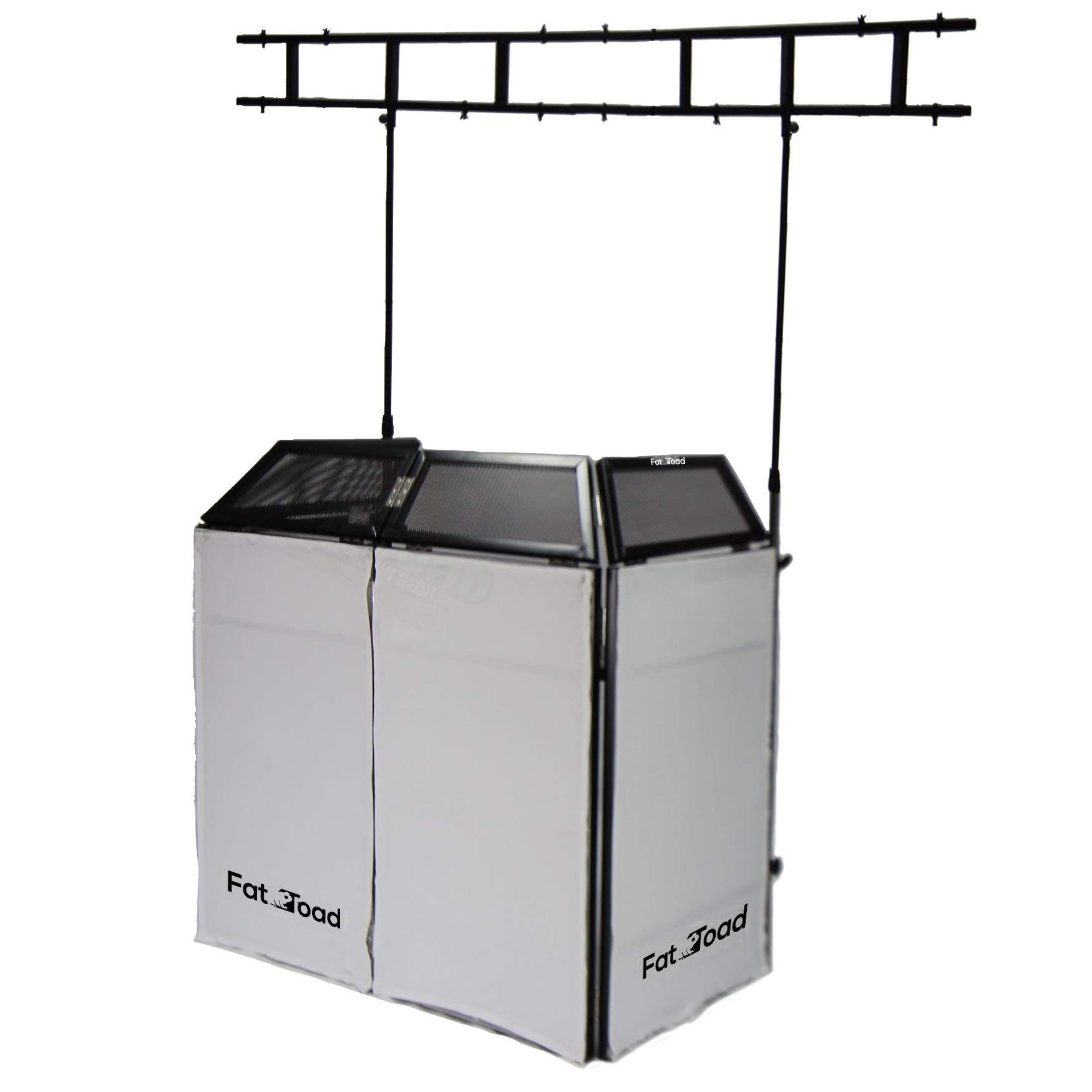 DJ Booth Tabletop With 8FT Lighting Truss Stand Package by FAT TOAD | Foldable Panel Portable Stage Platform Facade White Scrim Cover | Video Light Projector Display Workstation For Sound System Event