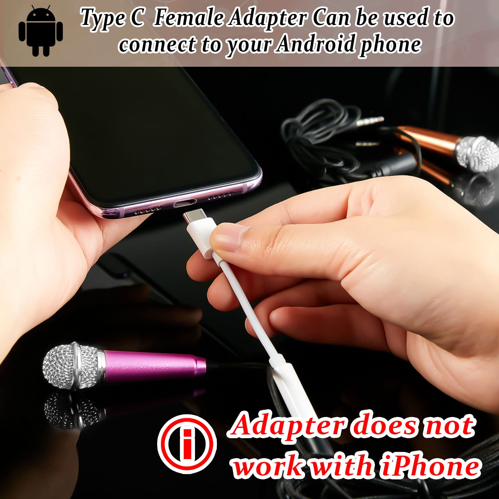 Flutesan 3 Pieces Mini Microphone Tiny Microphone Mini Portable Vocal Instrument Microphone and 3 Pieces USB Type C to 3.5 mm Female Adapter for Mobile Phone