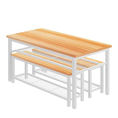 Lamerge 3-Piece Dining Table Set, Oak Dining Table with Storage Shelf, Kitchen Table and Chairs Set for 4, Dining Table Set with 2 Benches, Industrial Dining Table Set for Dining Room, Kitchen