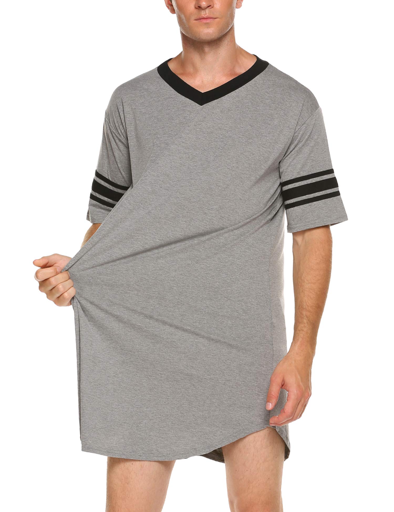Ekouaer Men's Nightshirt Cotton Nightwear Comfy Big&Tall V Neck Short Sleeve Soft Loose Pajama Sleep Shirt,Men-grey,Large