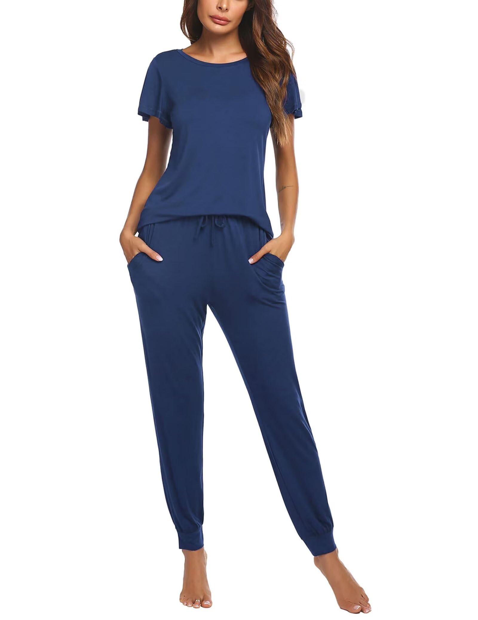 Ekouaer Pajama Set for Women Soft Short Sleeve Tops and Long Pants with Pockets Summer Pj Sets Navy XL