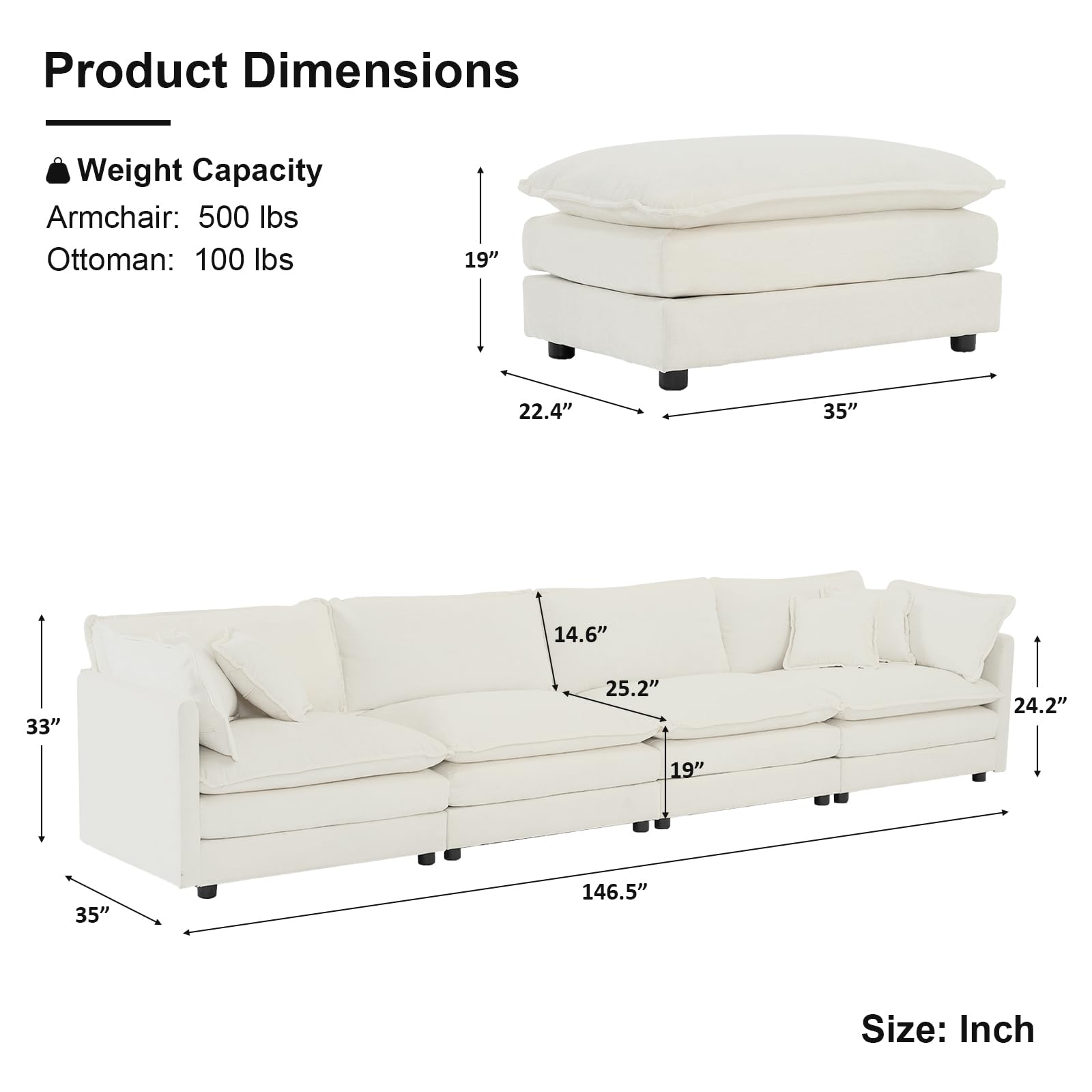 Linyuanwai Chenille 4-Seater Sofa Couch, Comfy Oversized Cloud Couch with Deep Seat and 6 Pillows Lounge Upholstered Large Sofa for Living Room Bedroom Office Apartment (White)